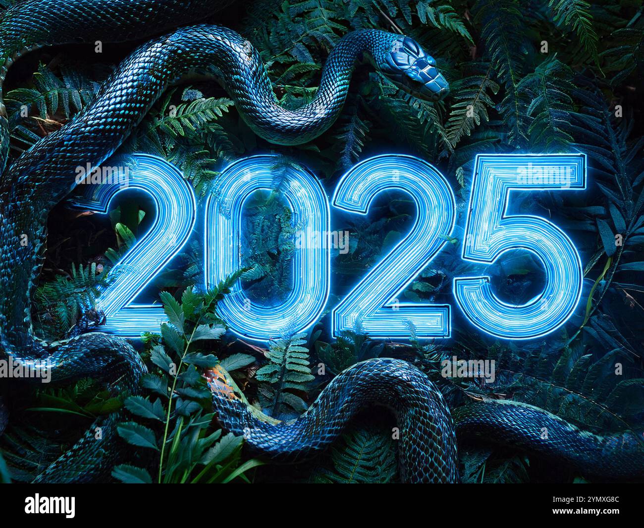 A blue snake symbolizing the year 2025, wrapping around the number 2025 ...