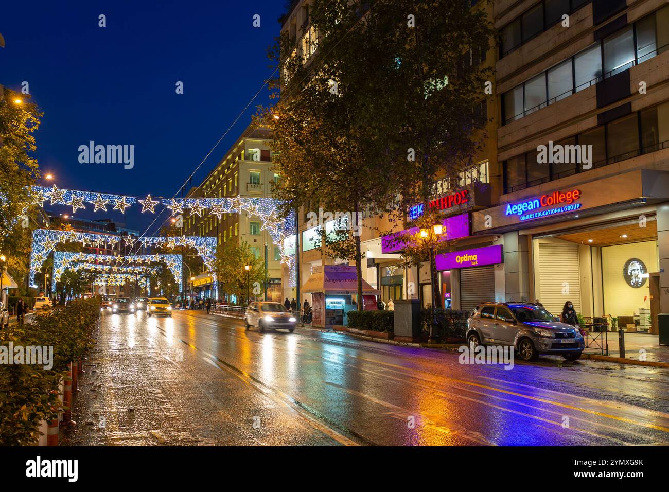 Athens, Greece - 26 Nov 2021: Cars in the traffic at night in the ...