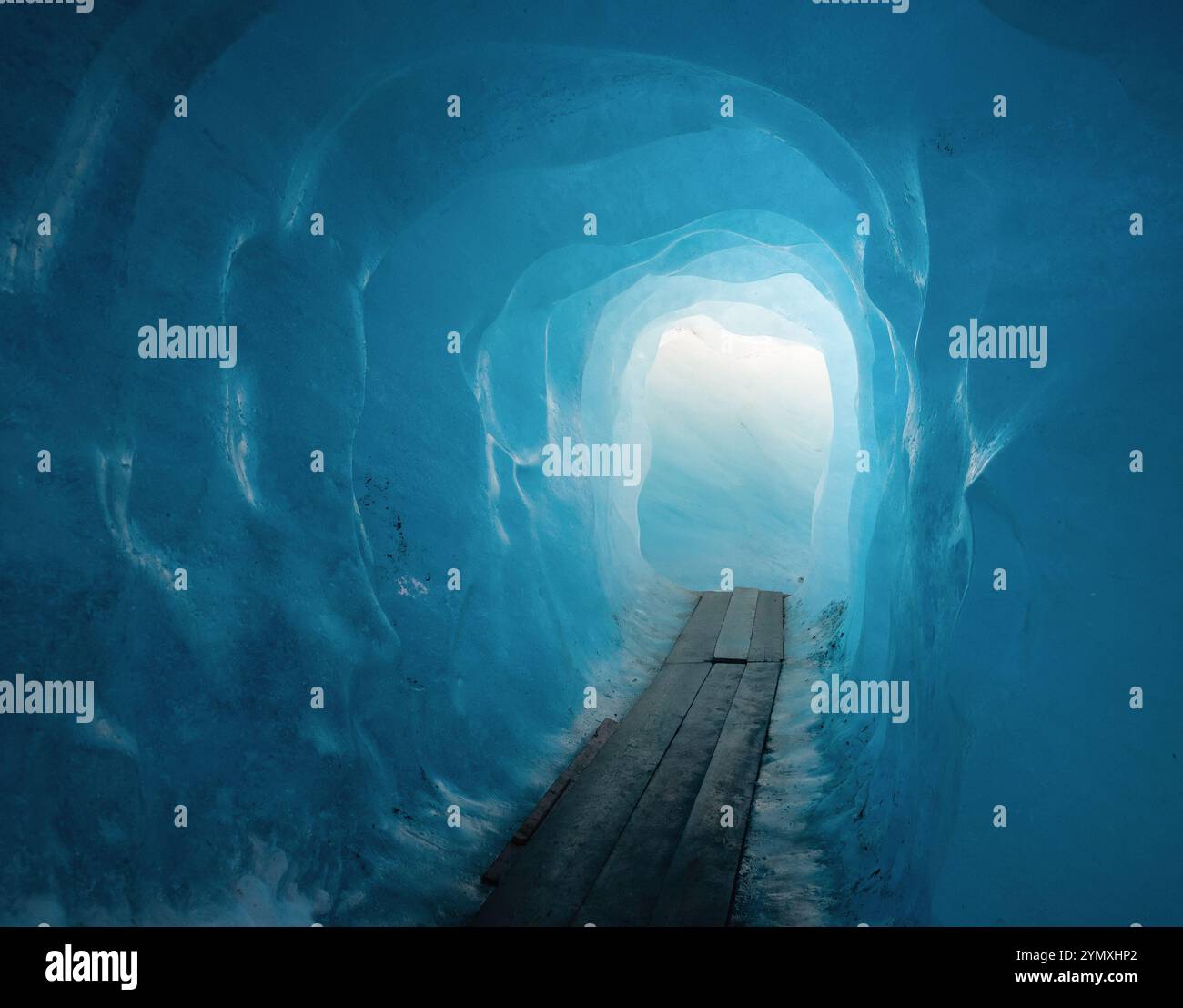 Inside Rhône Glacier. Light at the end of the blue ice grotto. Wooden ...