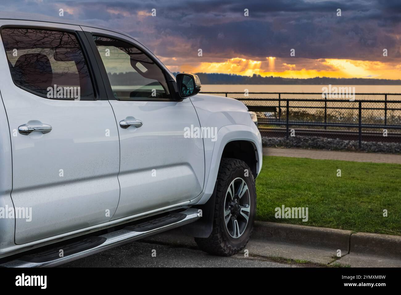 White Pickup truck American 4X4 SUV off-road vehicle exterior parked by ...