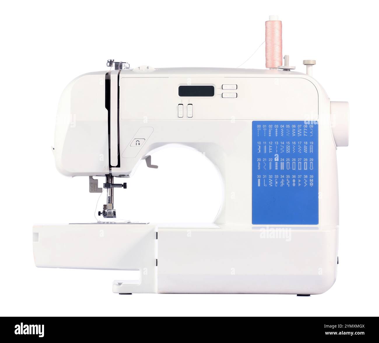 One modern sewing machine isolated on white Stock Photo - Alamy
