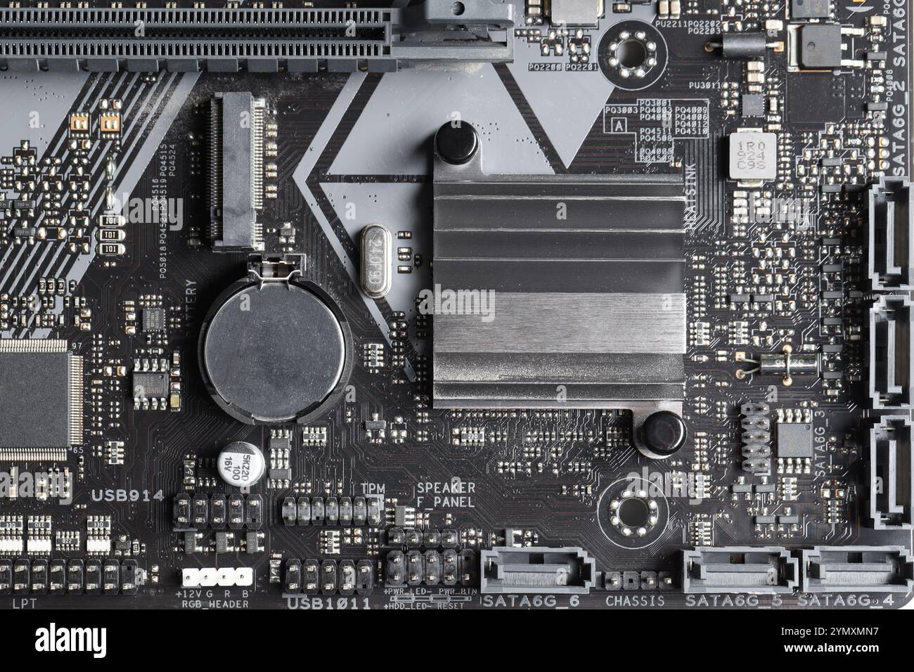 Computer motherboard as background, top view. Electronic engineering ...