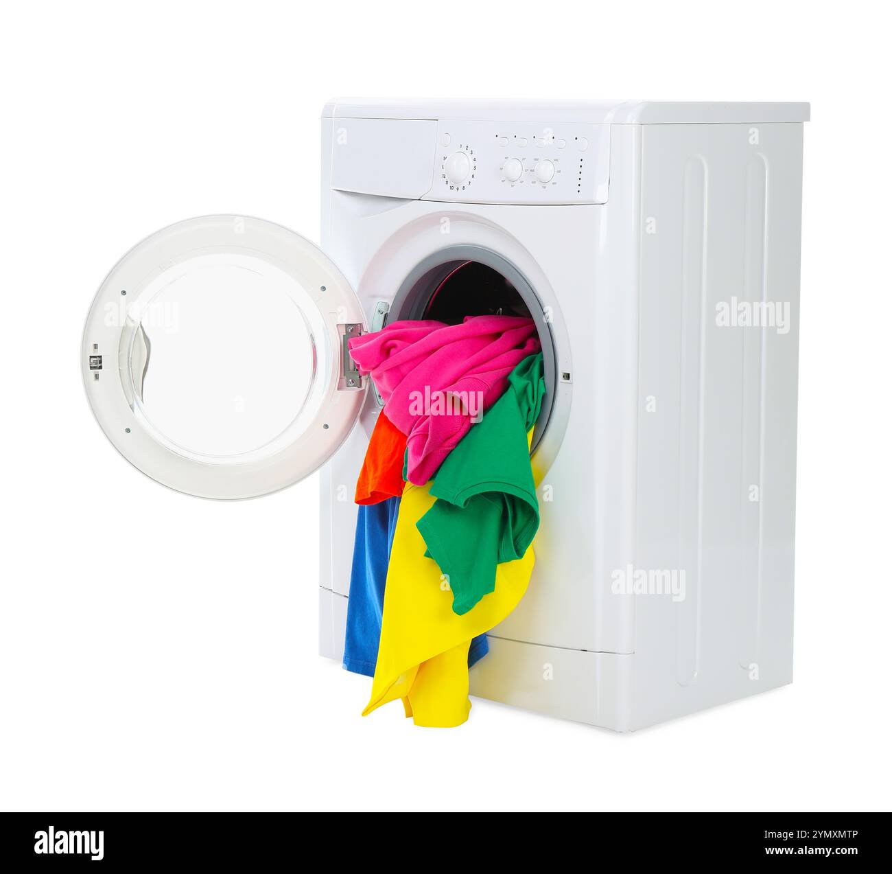 Modern washing machine with colorful laundry isolated on white Stock ...