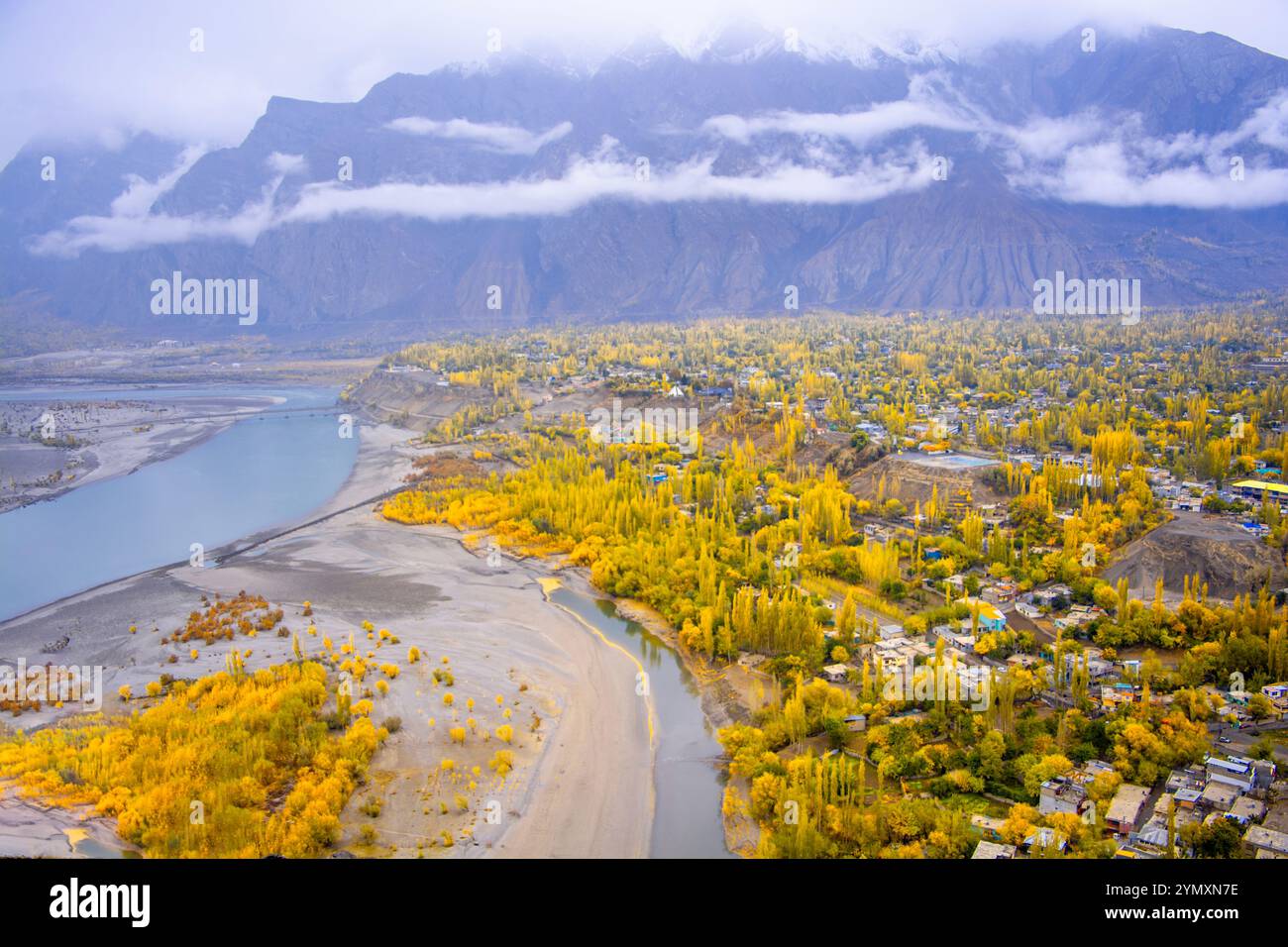 Aerial view of a village on the bank of Skardu river during autumn ...