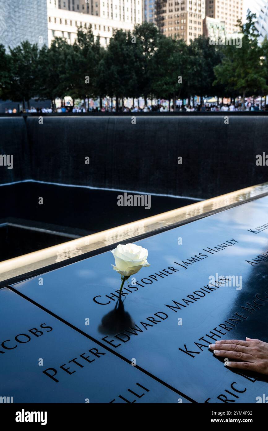 White rose and woman's hand on the parapet showing names of the 9/11 ...