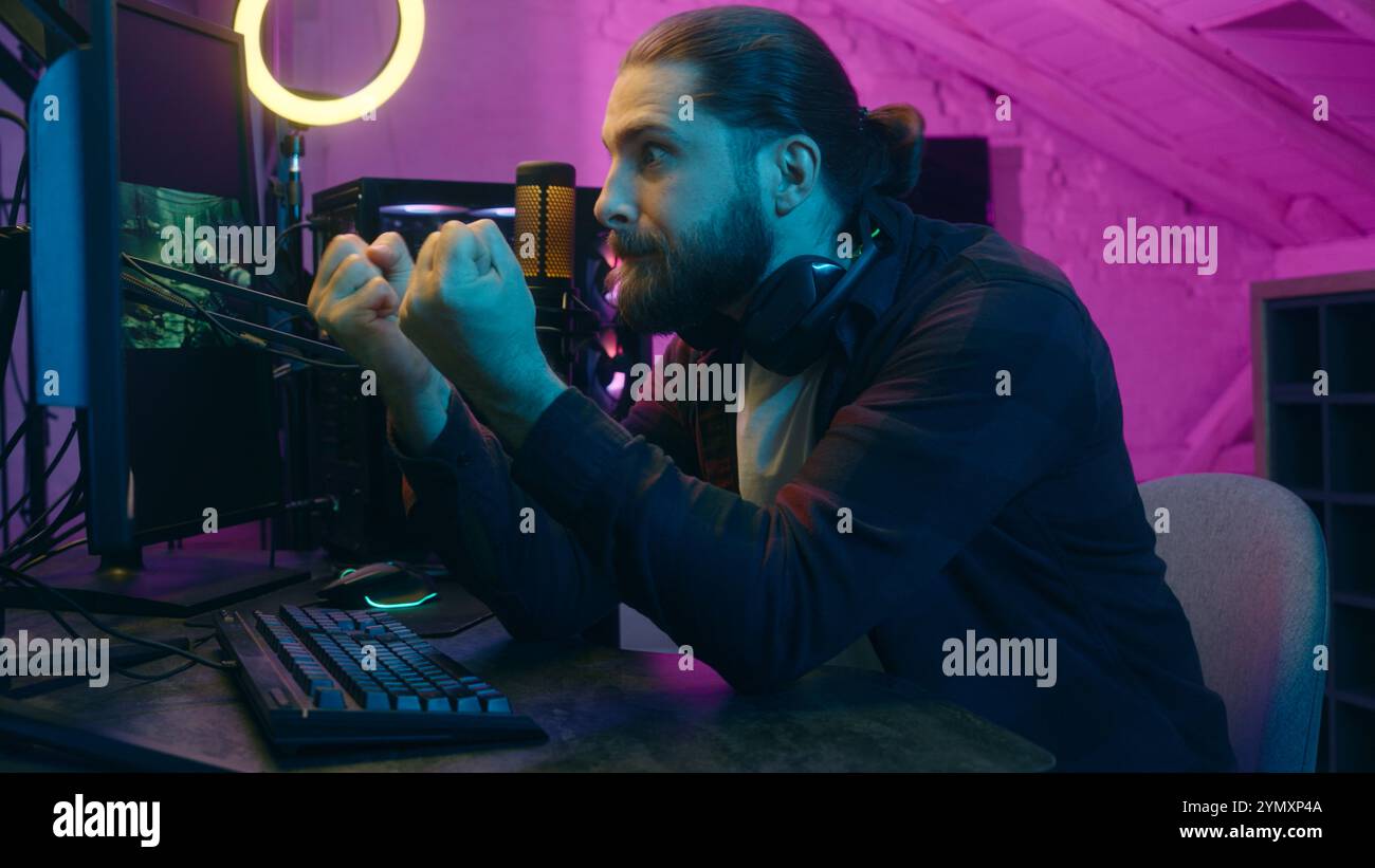 Addicted angry Caucasian guy streamer blogger vlogger influencer man ...