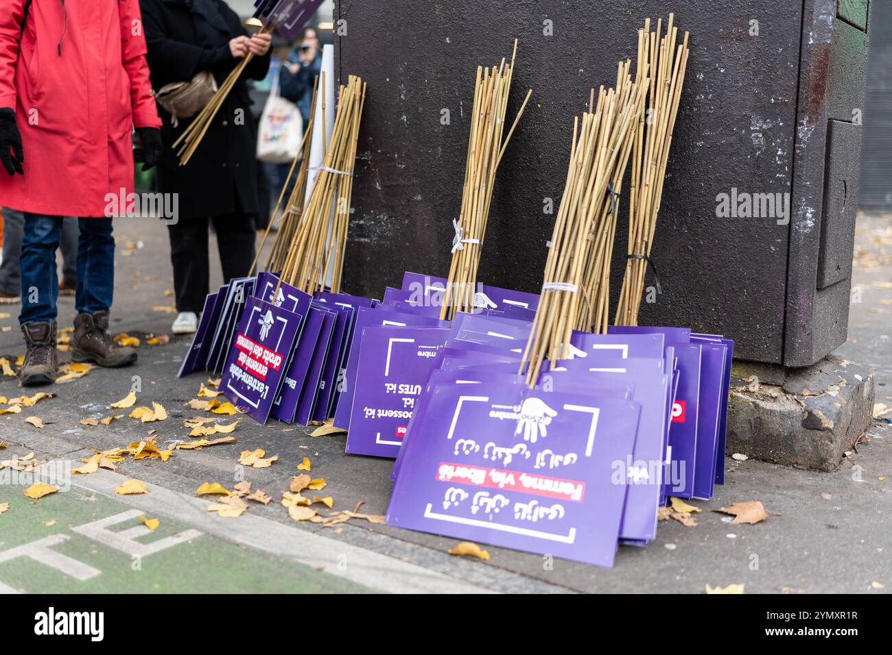 This illustrative photograph shows feminist signs placed on the ground ...