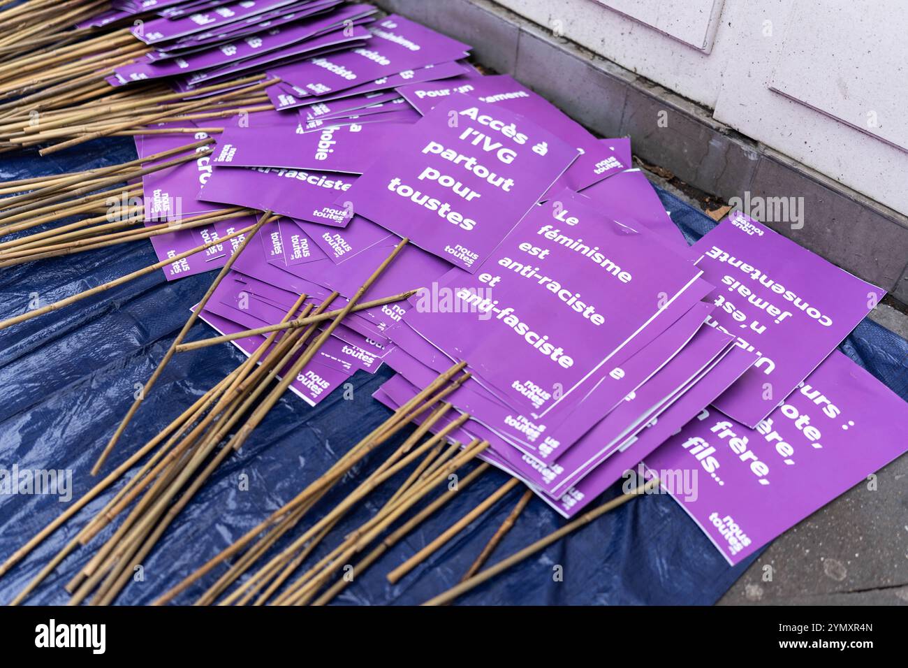This illustrative photograph shows feminist signs placed on the ground ...
