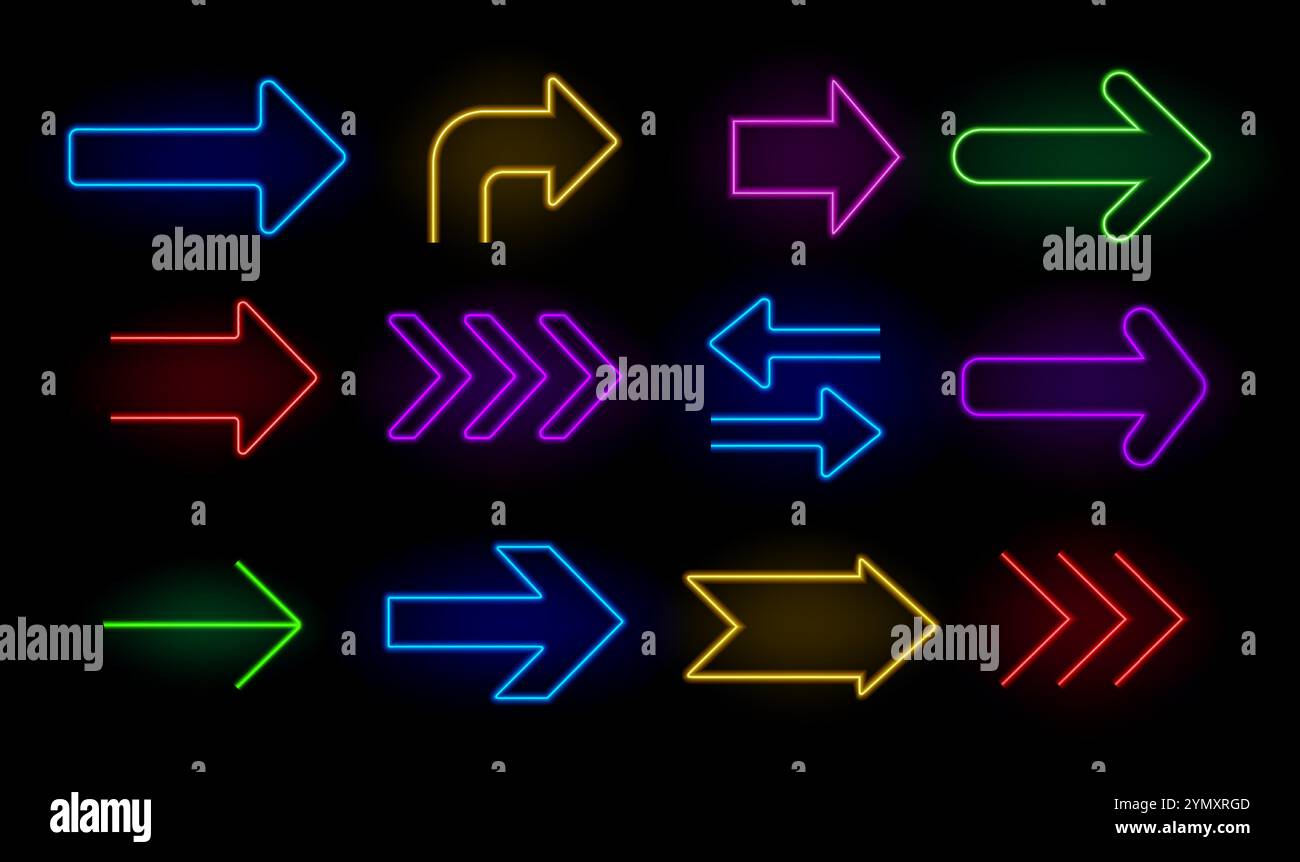 Neon arrows. Realistic glowing pointers, bright arrow location ...