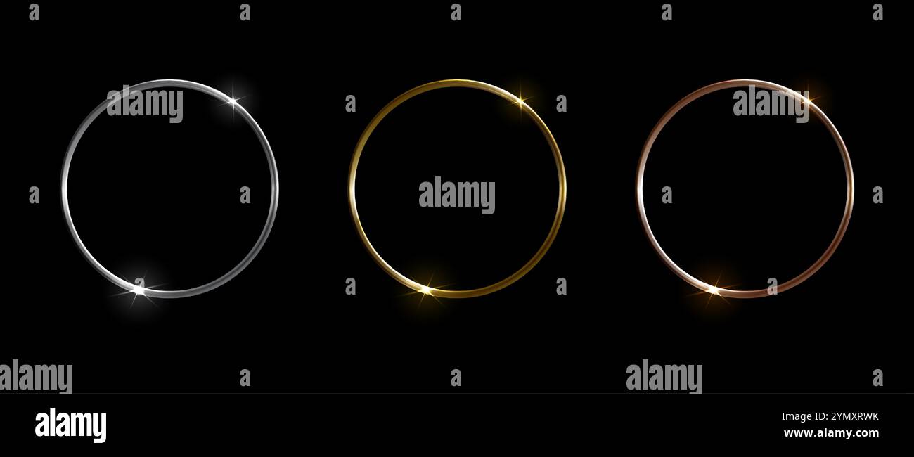Gold, silver and bronze metal circle. 3d realistic round frames, shiny ...