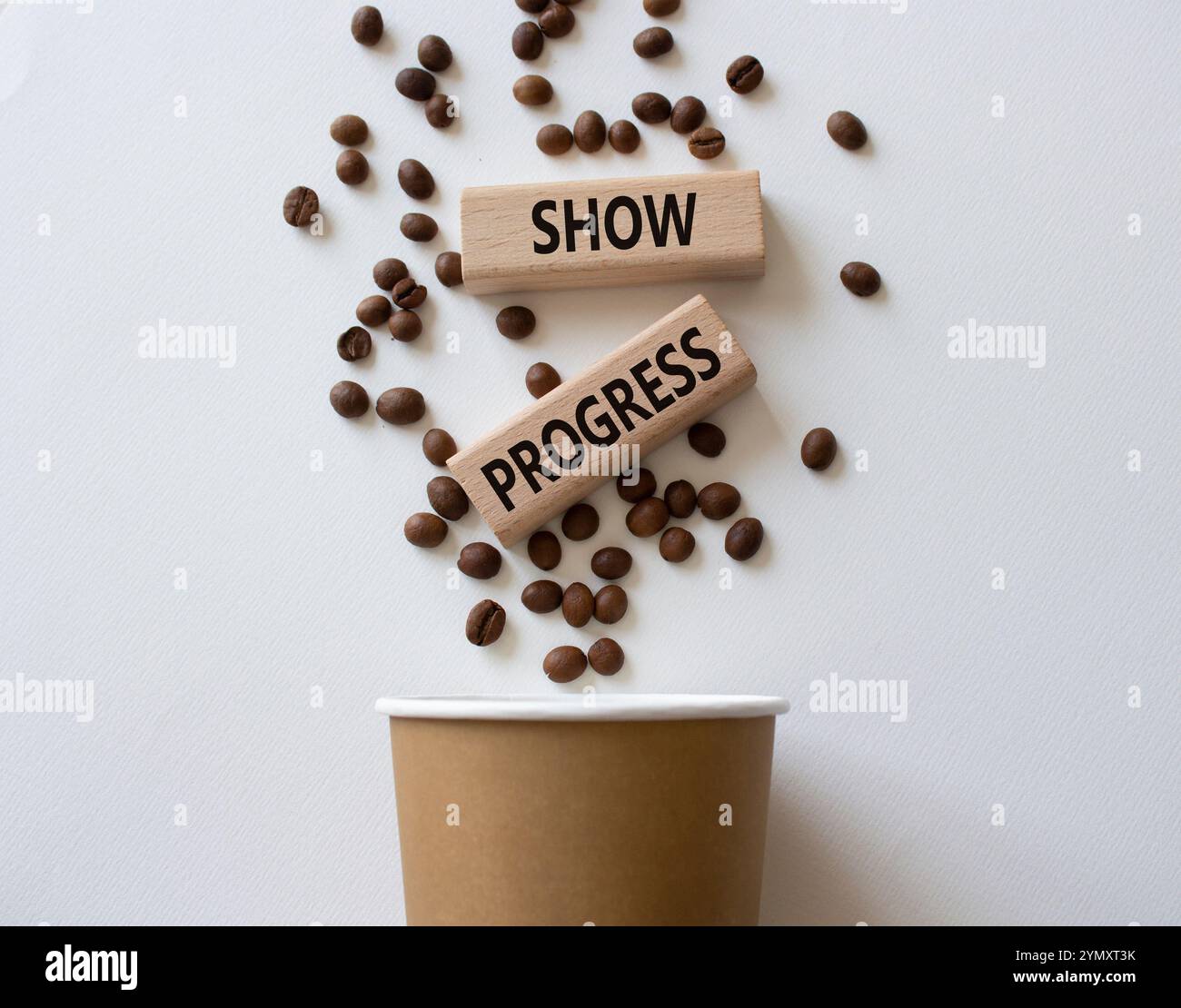 Progress symbol. Wooden blocks with words Show progress. Beautiful ...