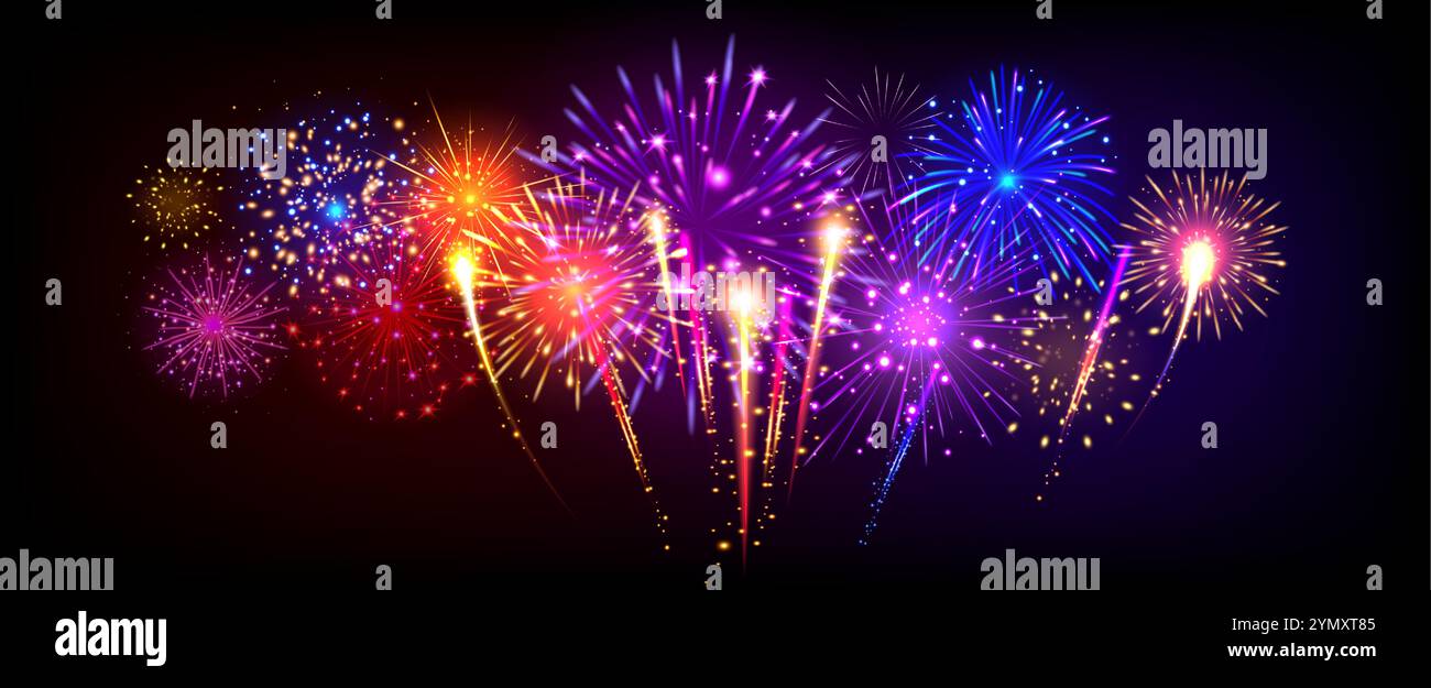 Festive fireworks. Realistic 3D firework explosions with colorful ...