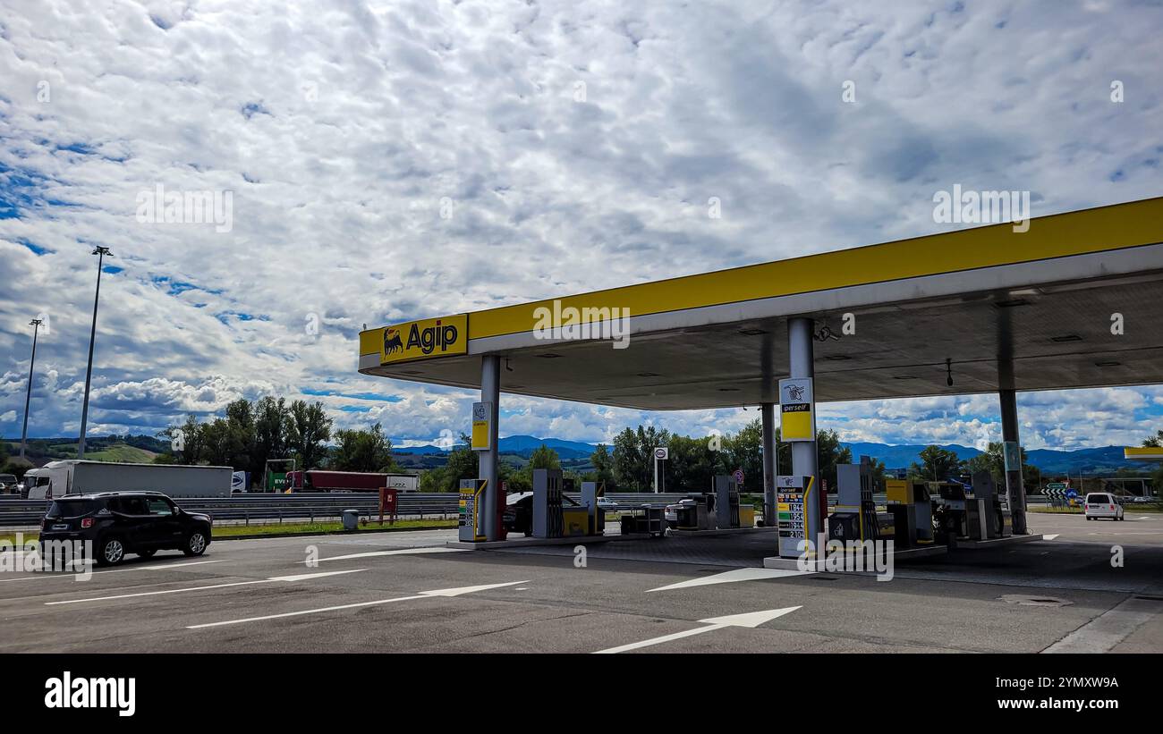 Filling station on the Italian highway. How much cost a petrol in Italy Stock Photo - Alamy