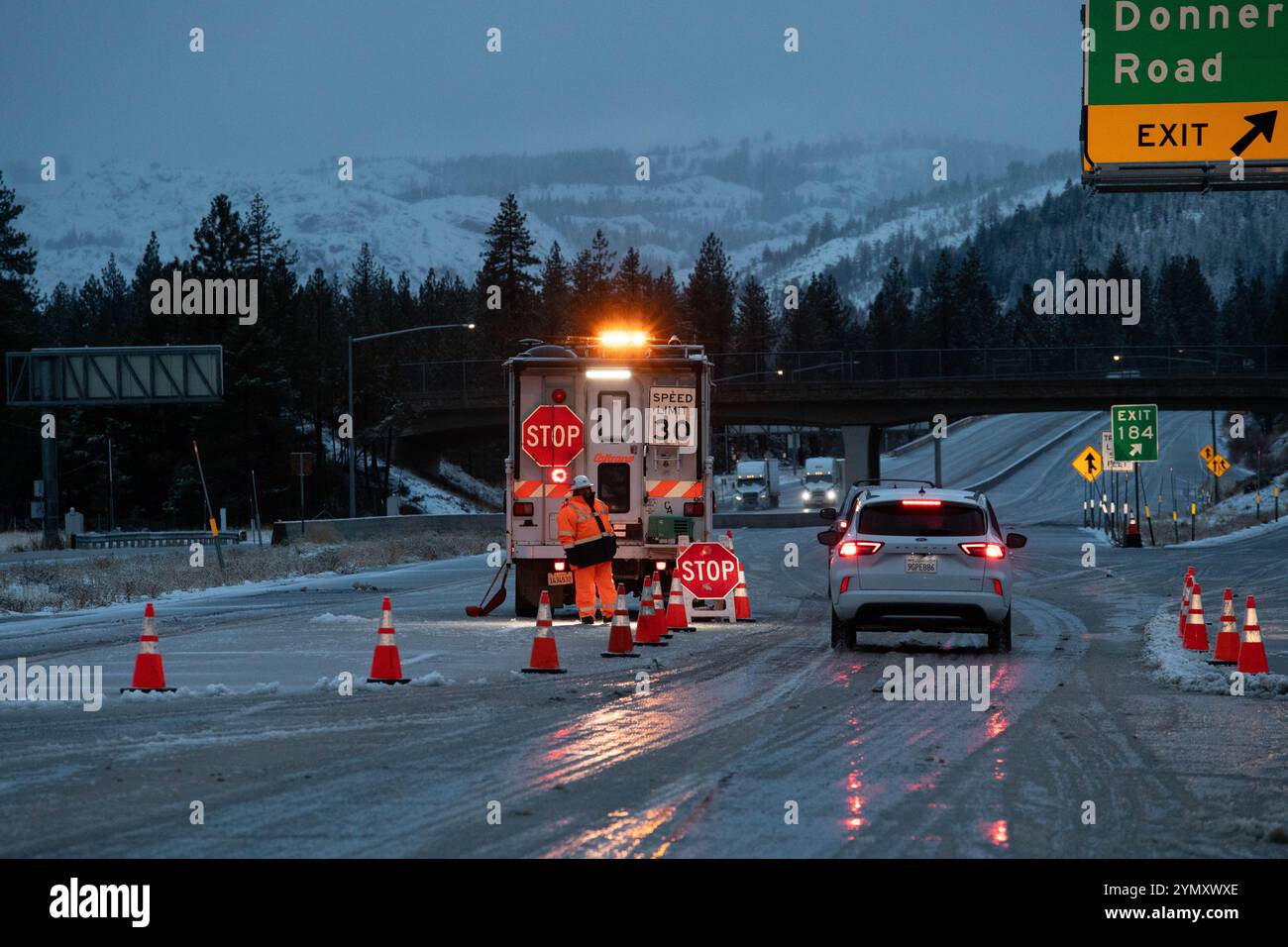 Icy and snowy roads cause road delays due to chain control and road ...