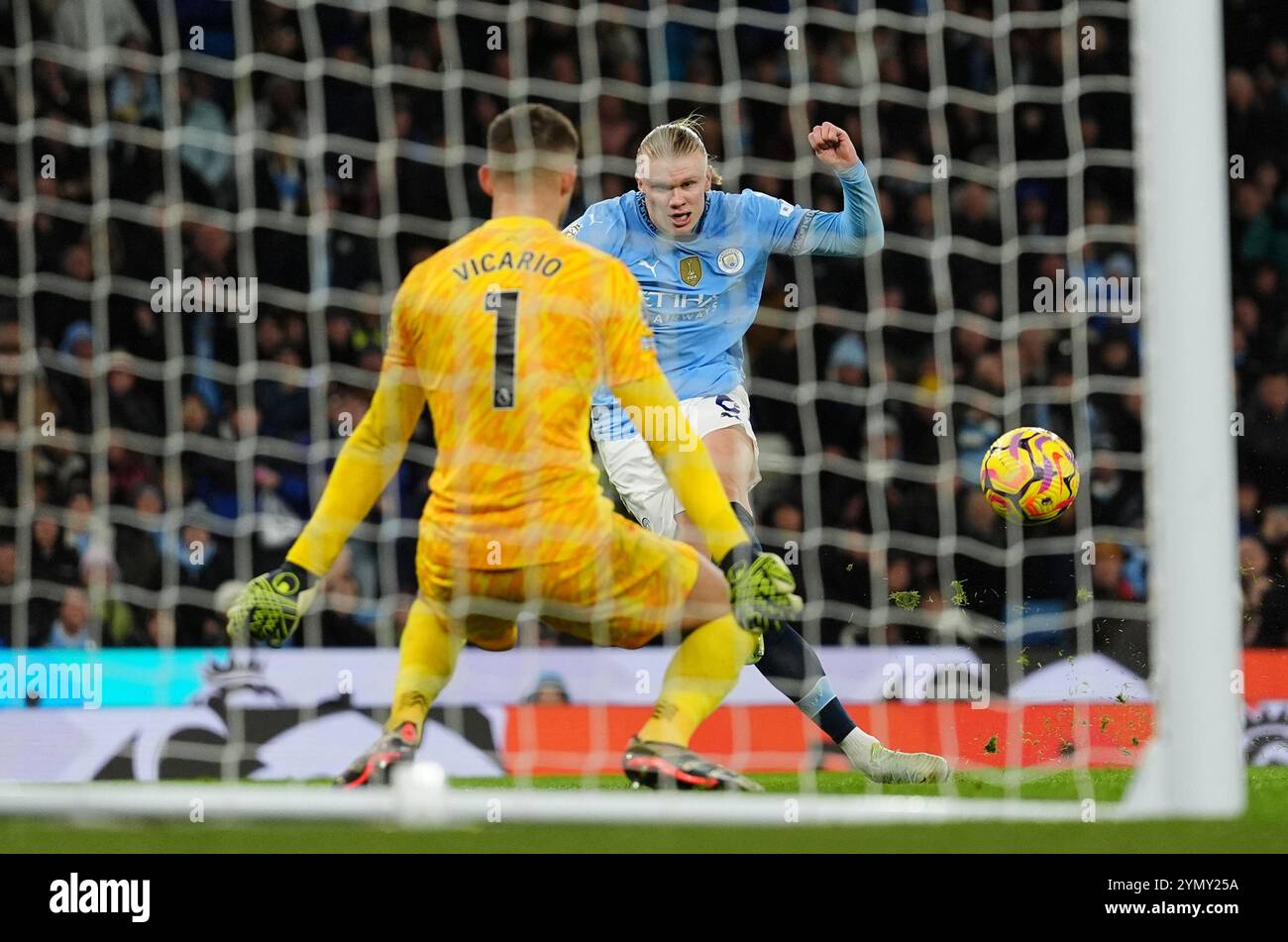 Manchester City's Erling Haaland shoots and has his shot saved by ...