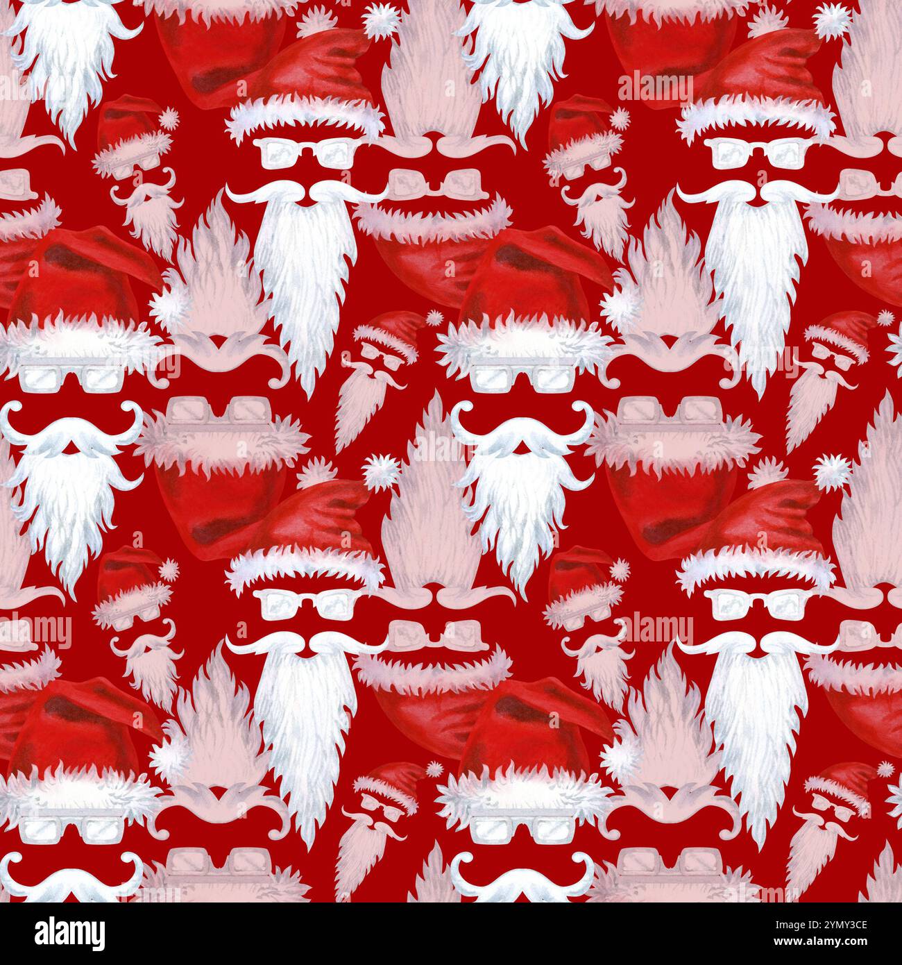 Seamless pattern with a portrait of a modern Santa Claus in red and ...