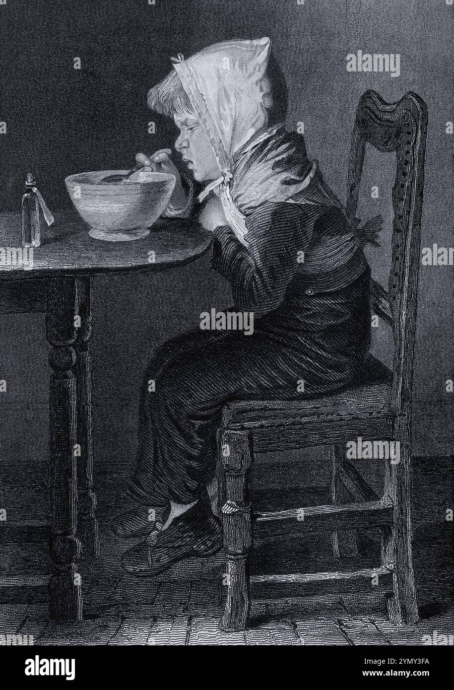 A sick boy pulling a peculiar face after eating some gruel which also ...