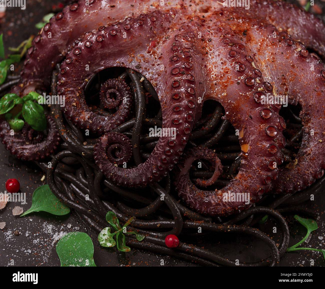 Octopus with black spaghetti, pasta, spices and herbs, top view, no ...