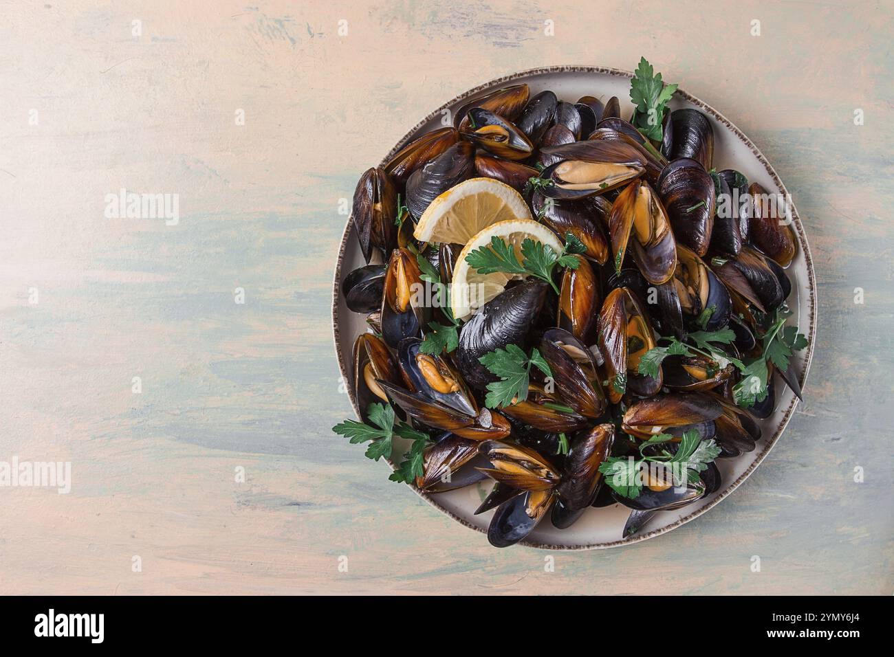 Fresh, Boiled mussels, Black Sea, with parsley and lemon, no people ...
