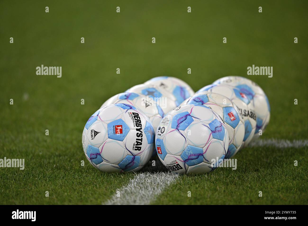 Adidas Derbystar match balls lying on the pitch, Allianz Arena, Munich ...