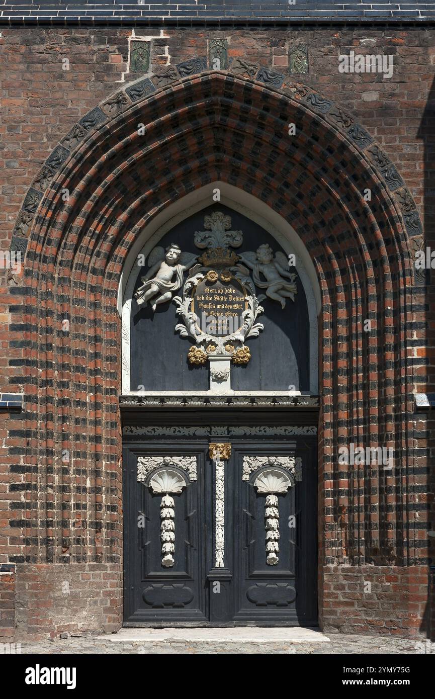 Side entrance to St Nicholas' Church, late Gothic brick building, built ...
