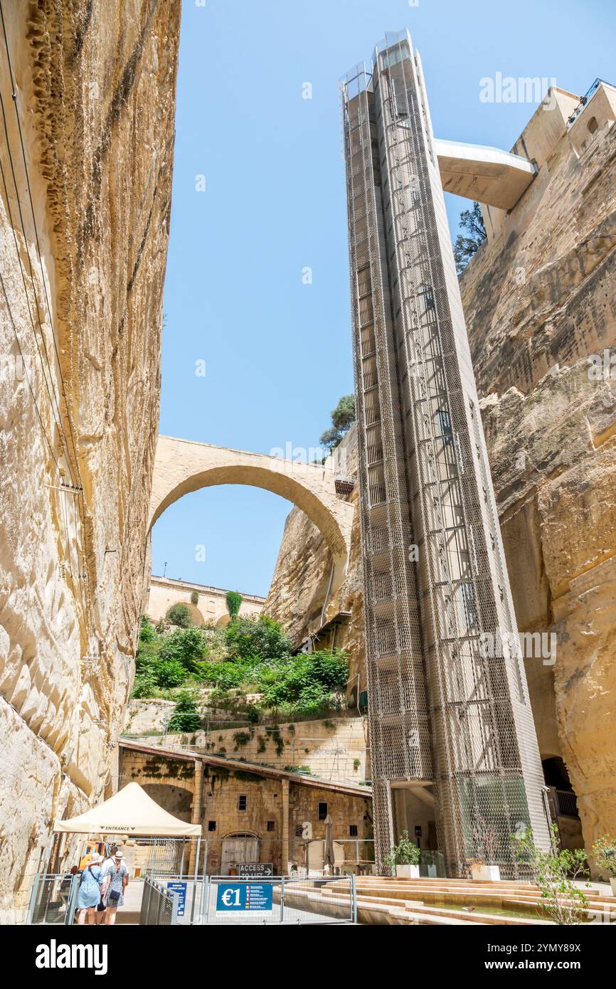 Valletta Malta,Barrakka Lift elevator,outside exterior,limestone walls ...