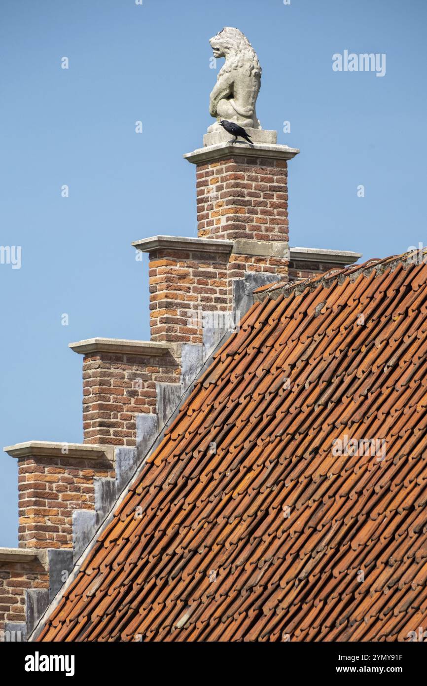 Stone lion on medieval gable and house roof in the netherlands Stock ...