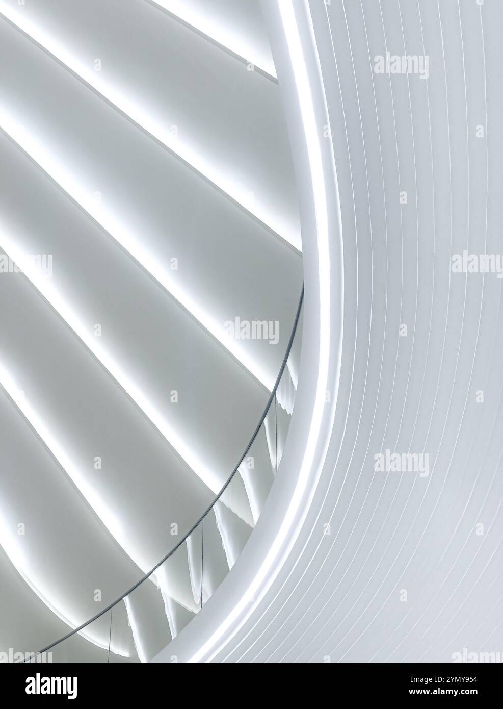 A white, curved ceiling with a metal railing runs along the edge. The ...