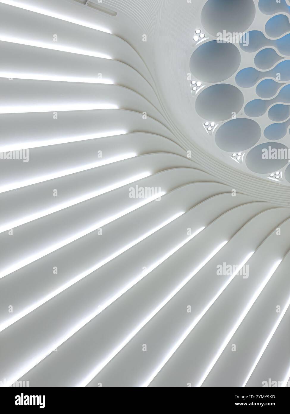 A modern white ceiling with a unique design, featuring curved lines and ...