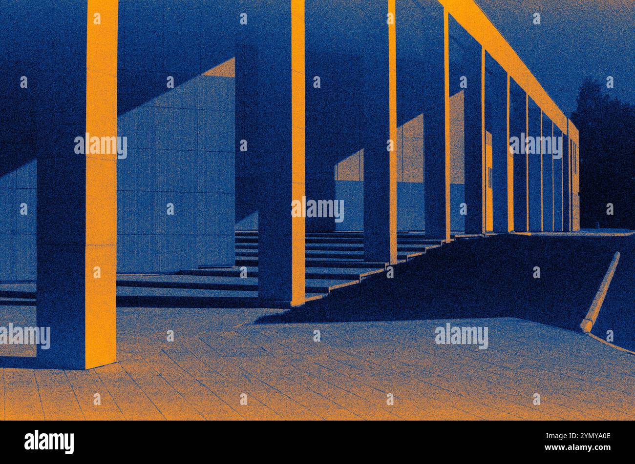 The painting depicts a building with columns in blue and orange tones ...
