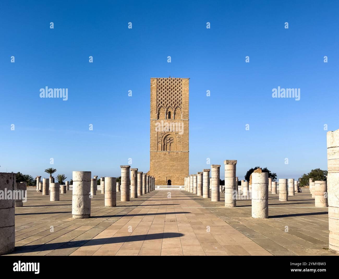 Tower stands tall against a clear blue sky, surrounded by a row of ...