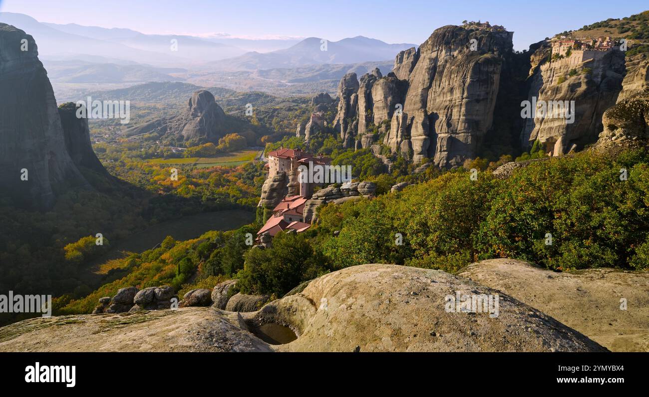 Panorama of Meteora landscape with monastery in Greece Stock Photo - Alamy