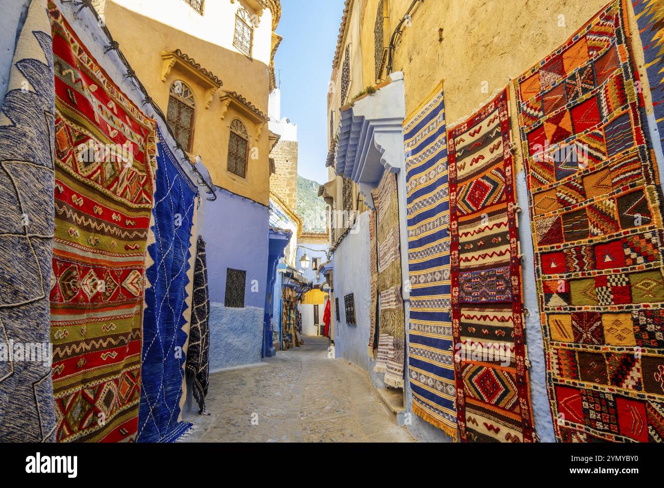 Rugs on Street of Chefchaouen, Morocco, Africa Stock Photo - Alamy
