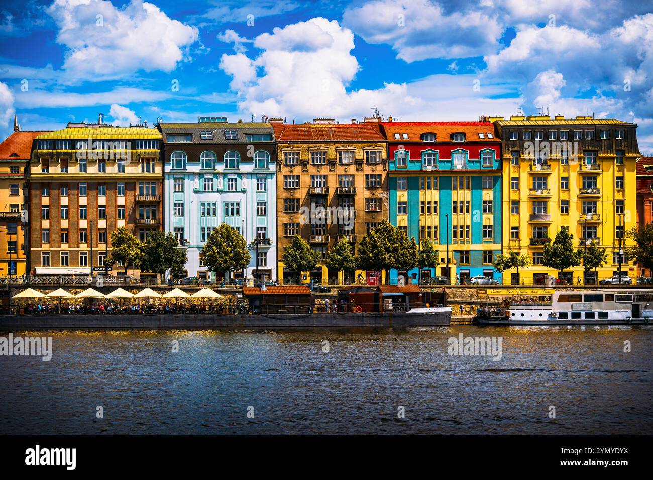 Colorful Riverside Facades Along the Vltava River in Prague Stock Photo ...