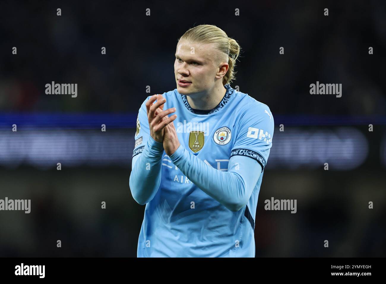 Erling Haaland of Manchester City applauds his team during the Premier ...