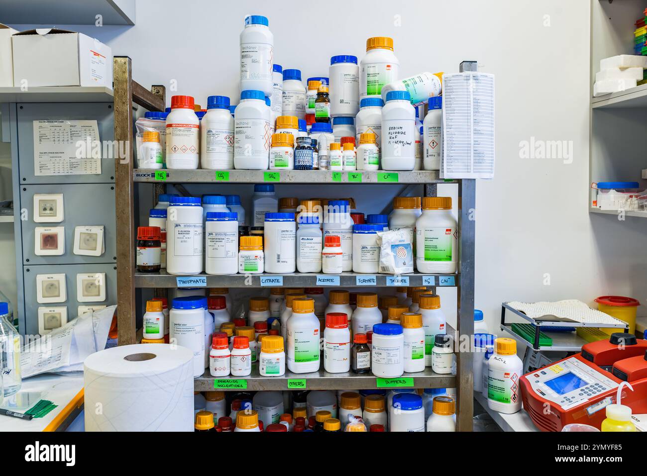 Organized Chemical Reagents and Containers on Laboratory Shelving ...
