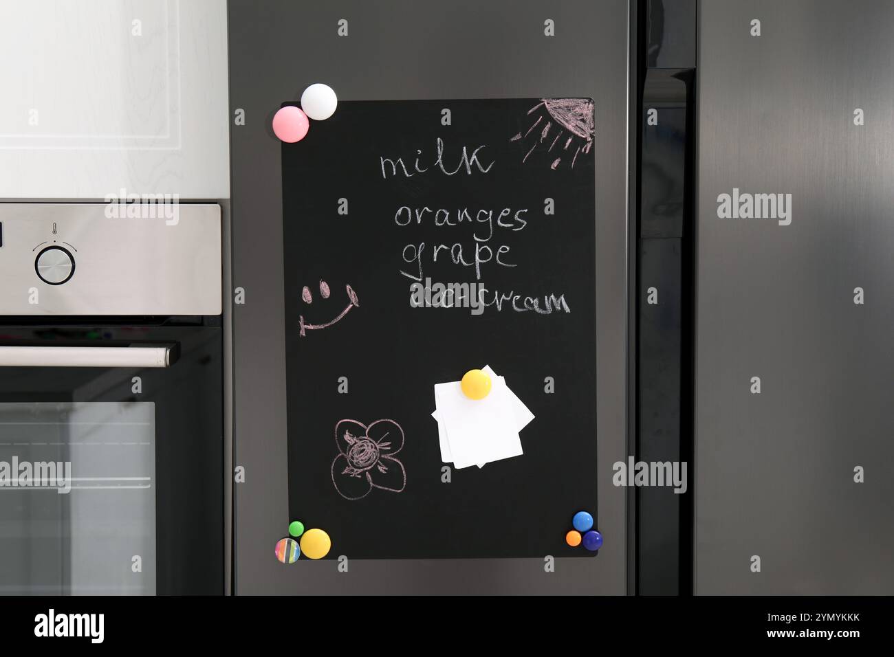 Magnetic board with shopping list and notes on refrigerator in kitchen ...