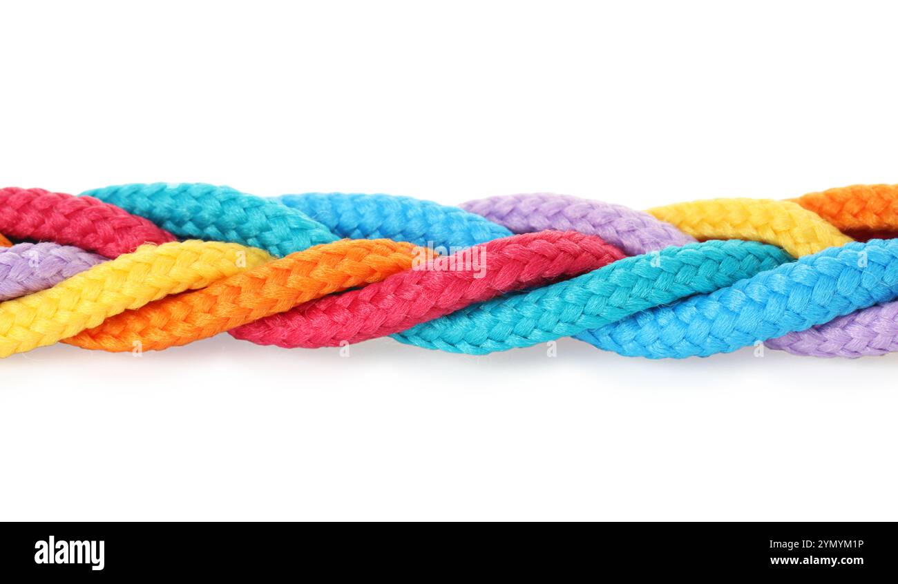 Braided colorful ropes isolated on white. Unity concept Stock Photo - Alamy
