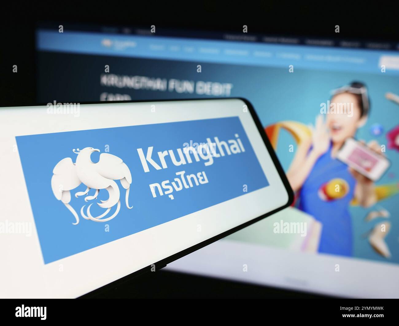 Stuttgart, Germany, 06-07-2024: Mobile phone with logo of Thai business Krungthai Bank Public ...