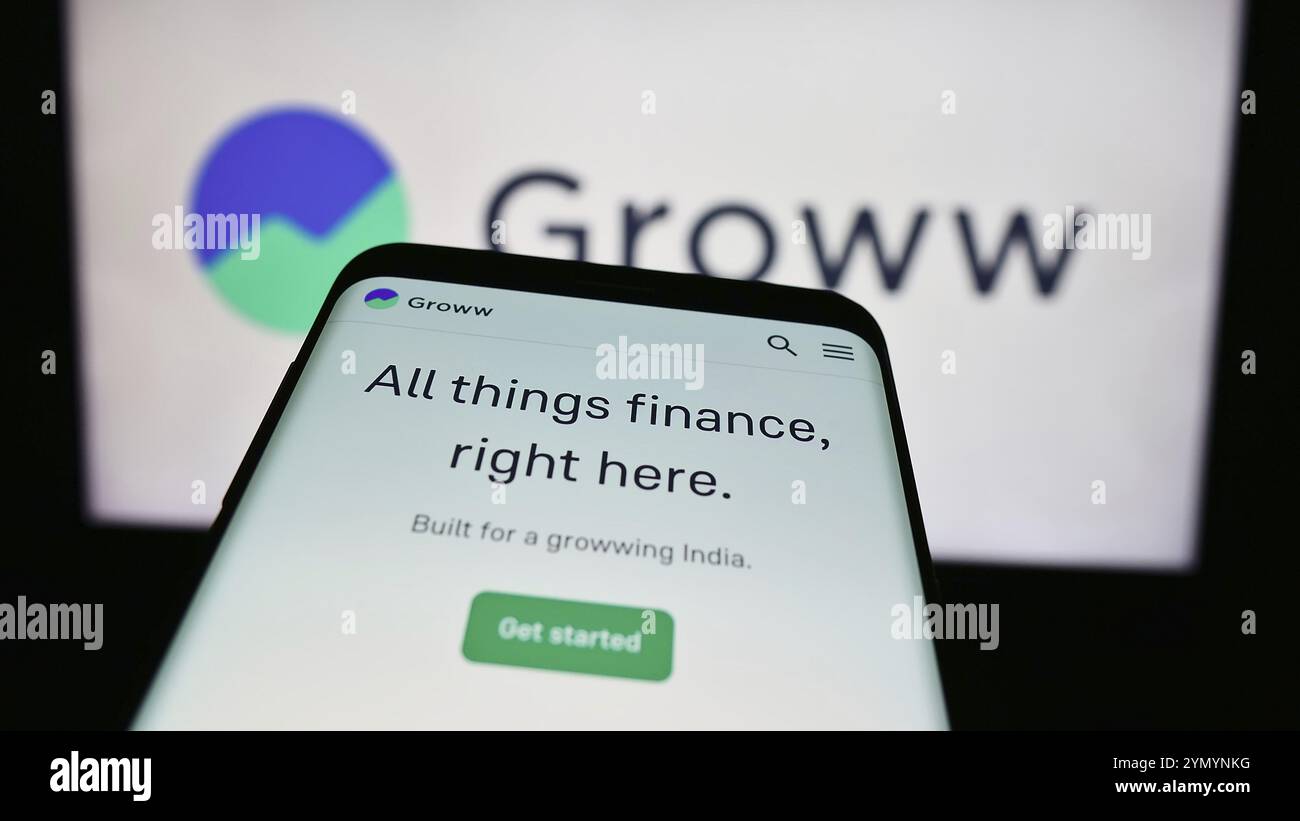 Stuttgart, Germany, 06-12-2024: Mobile phone with website of Indian fintech company Groww Invest ...
