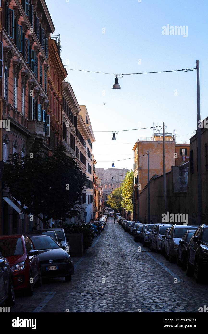Colosseum from a city street. View of the Colosseum from a cobblestone ...