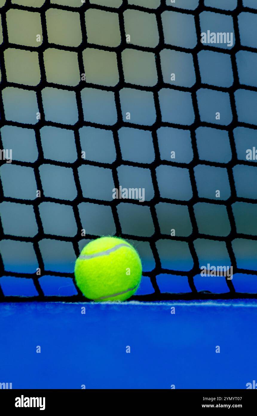 a ball at the foot of the net of a paddle tennis court with the ...