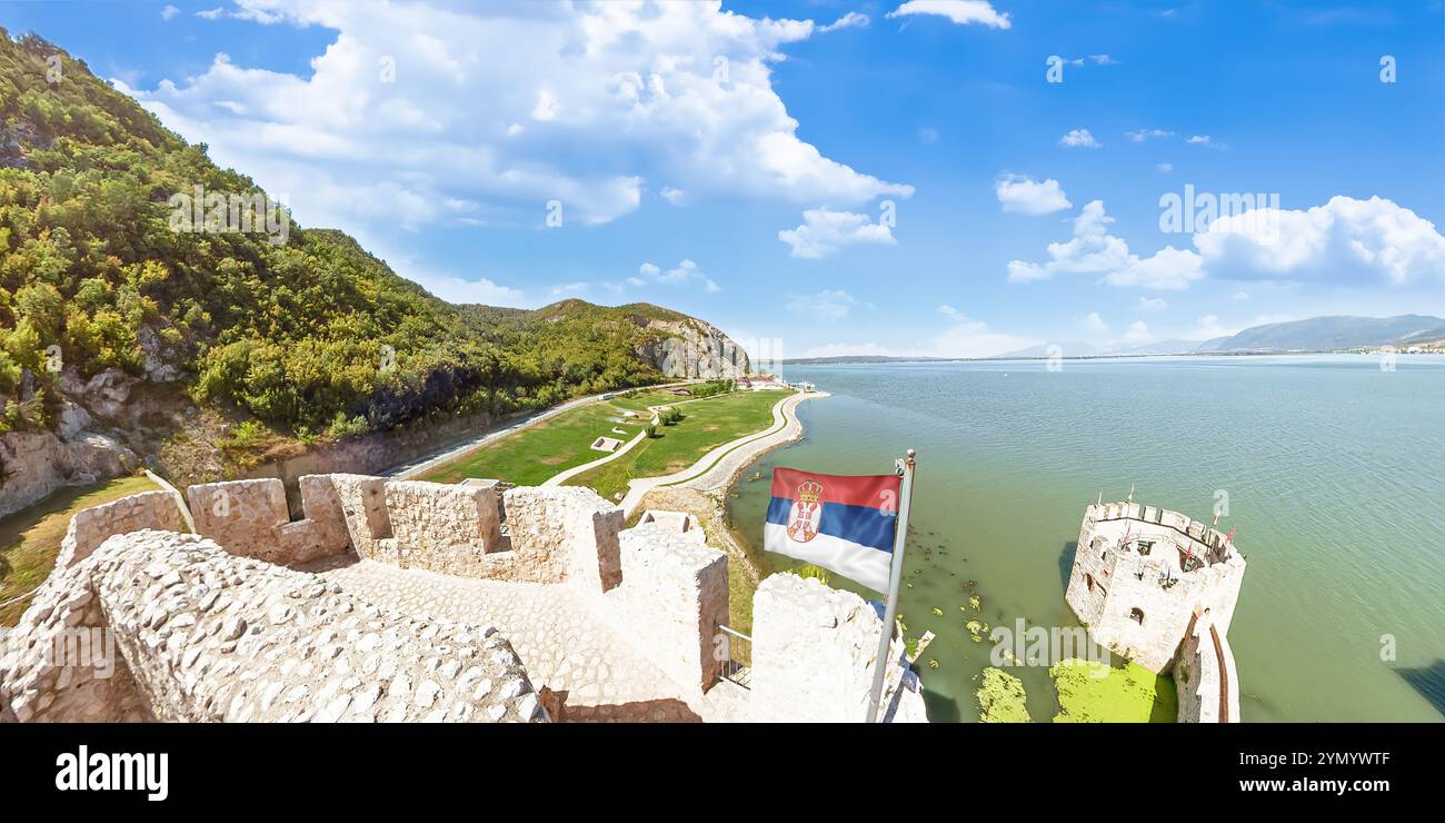 An aerial view captures the Golubac Fortress, a majestic medieval ...