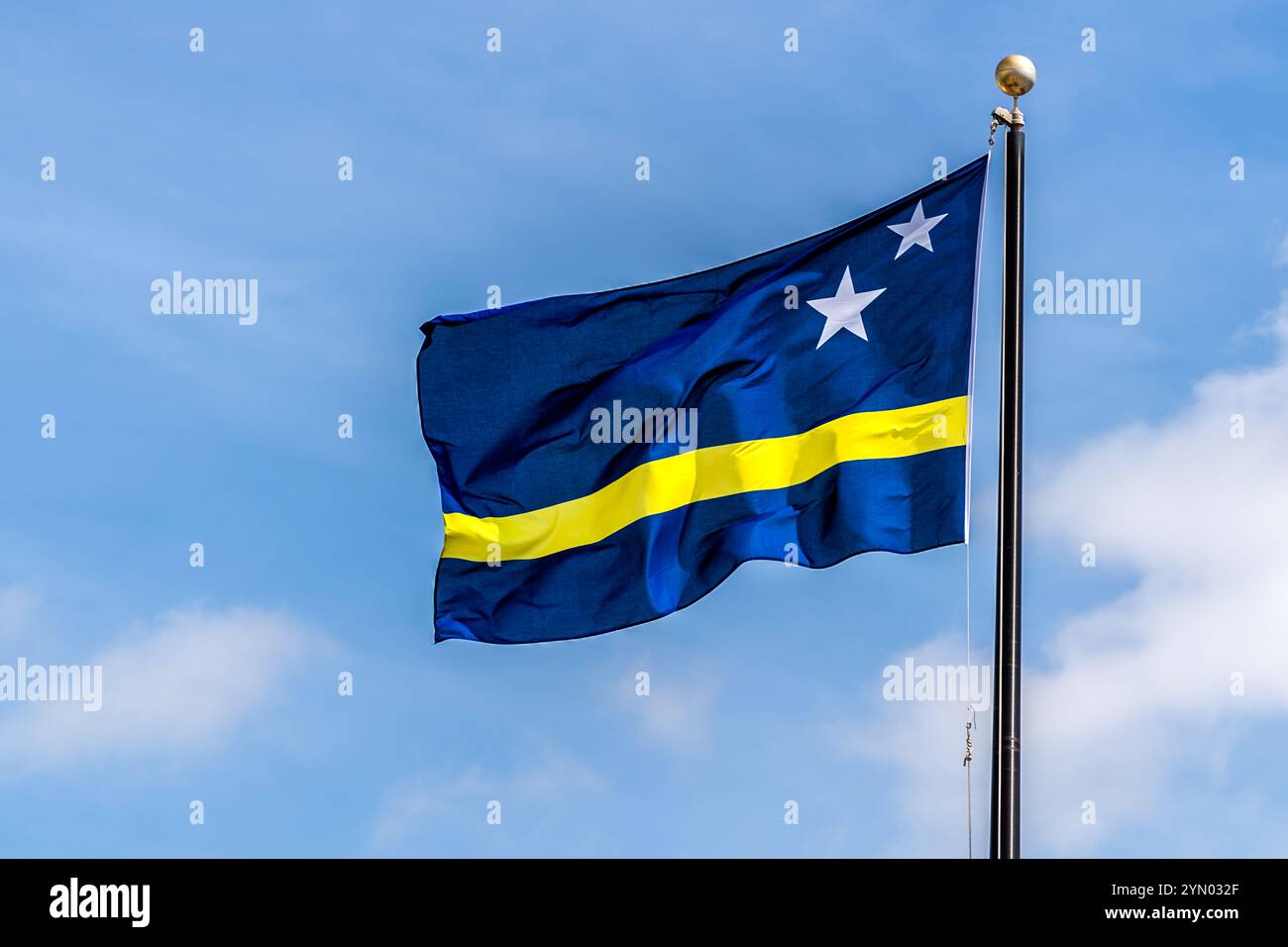 On the Curaçao flag, a yellow line separates the blue of the sea from ...