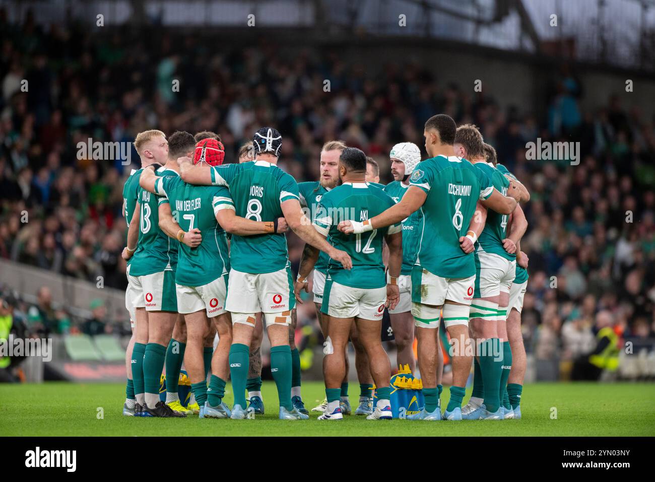The Irish rugby team in a huddle during the Autumn Nations Series match ...
