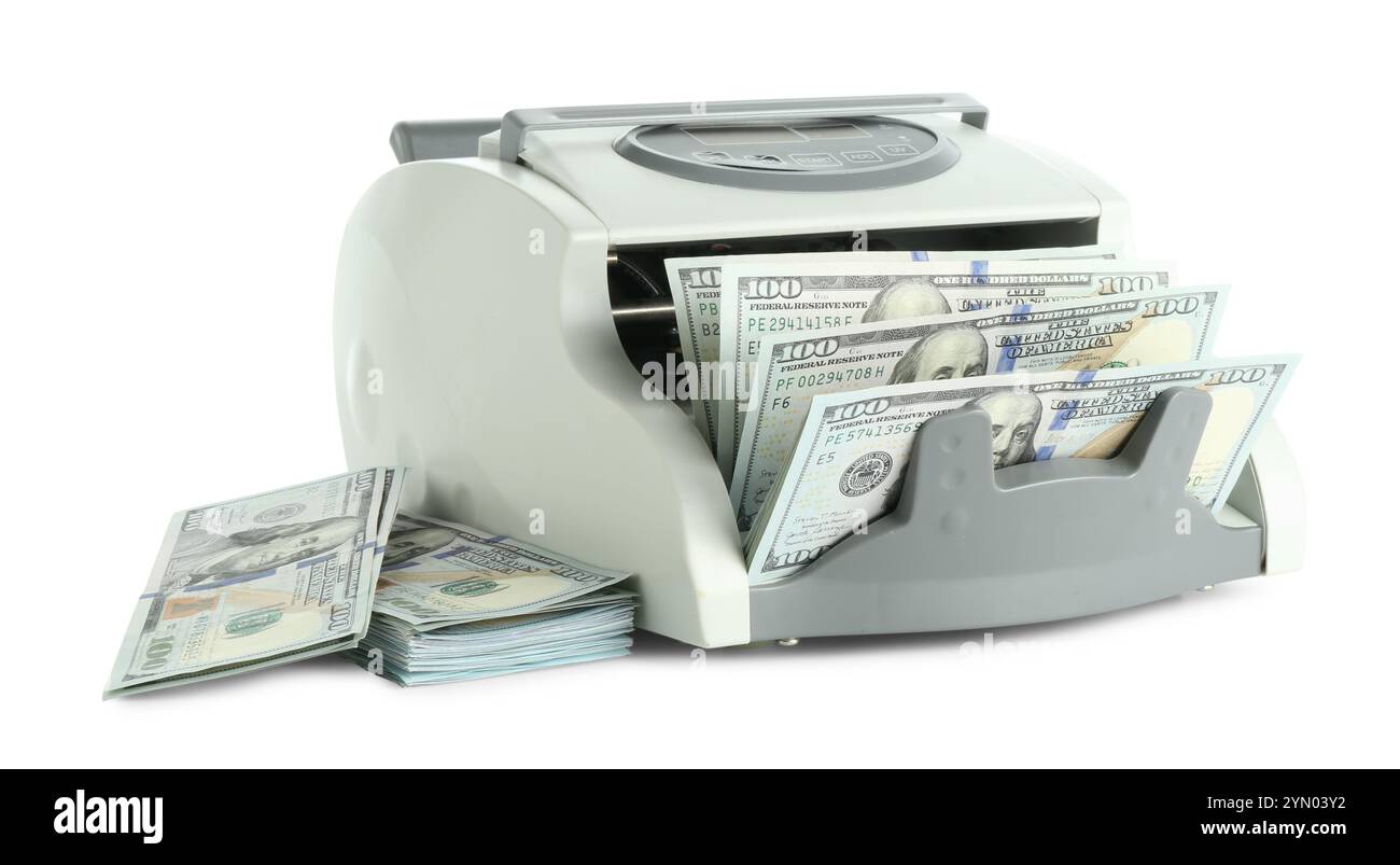 Money counter machine and dollar banknotes isolated on white Stock ...