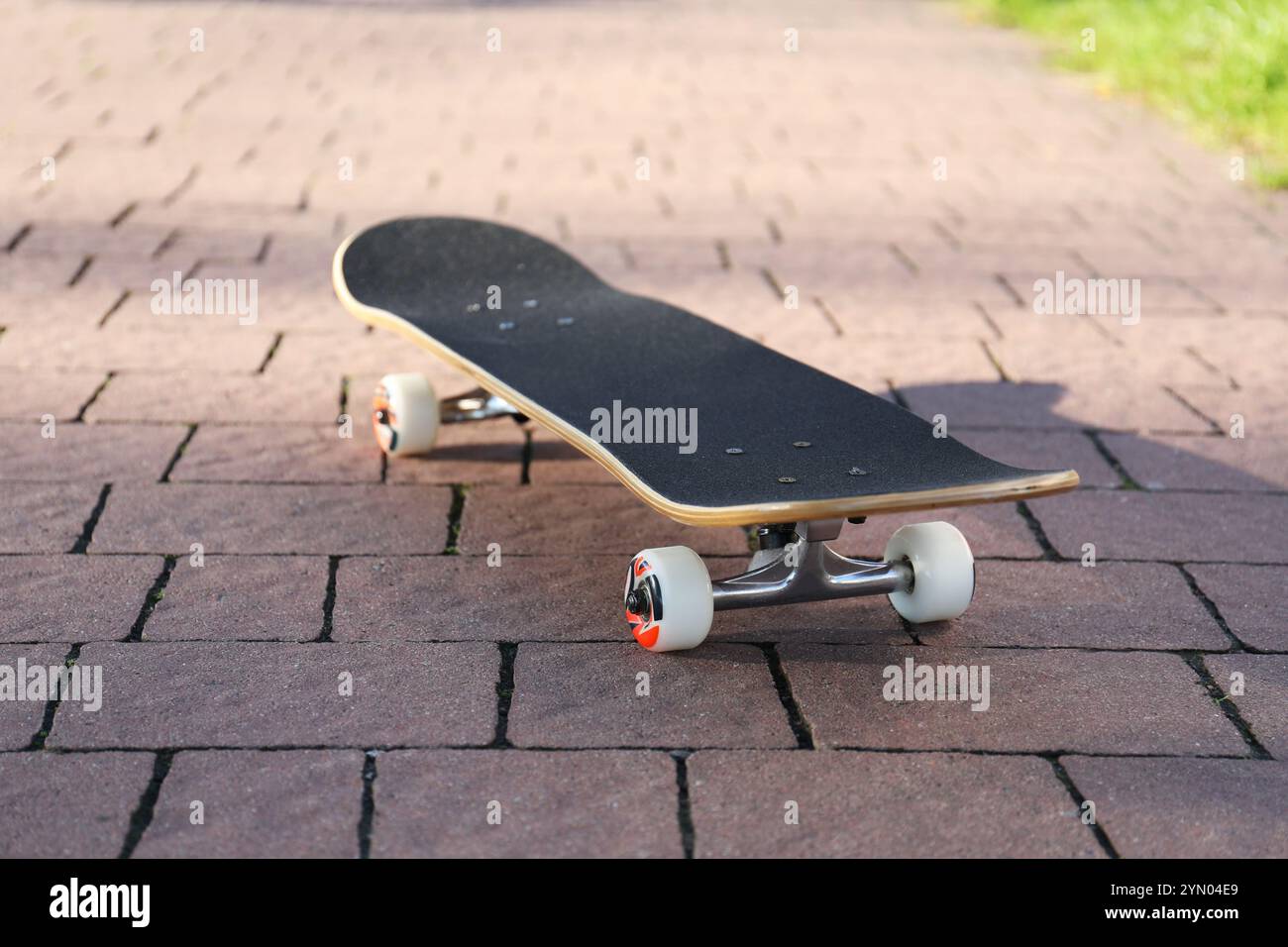 One modern skateboard on paved pathway outdoors, closeup Stock Photo ...