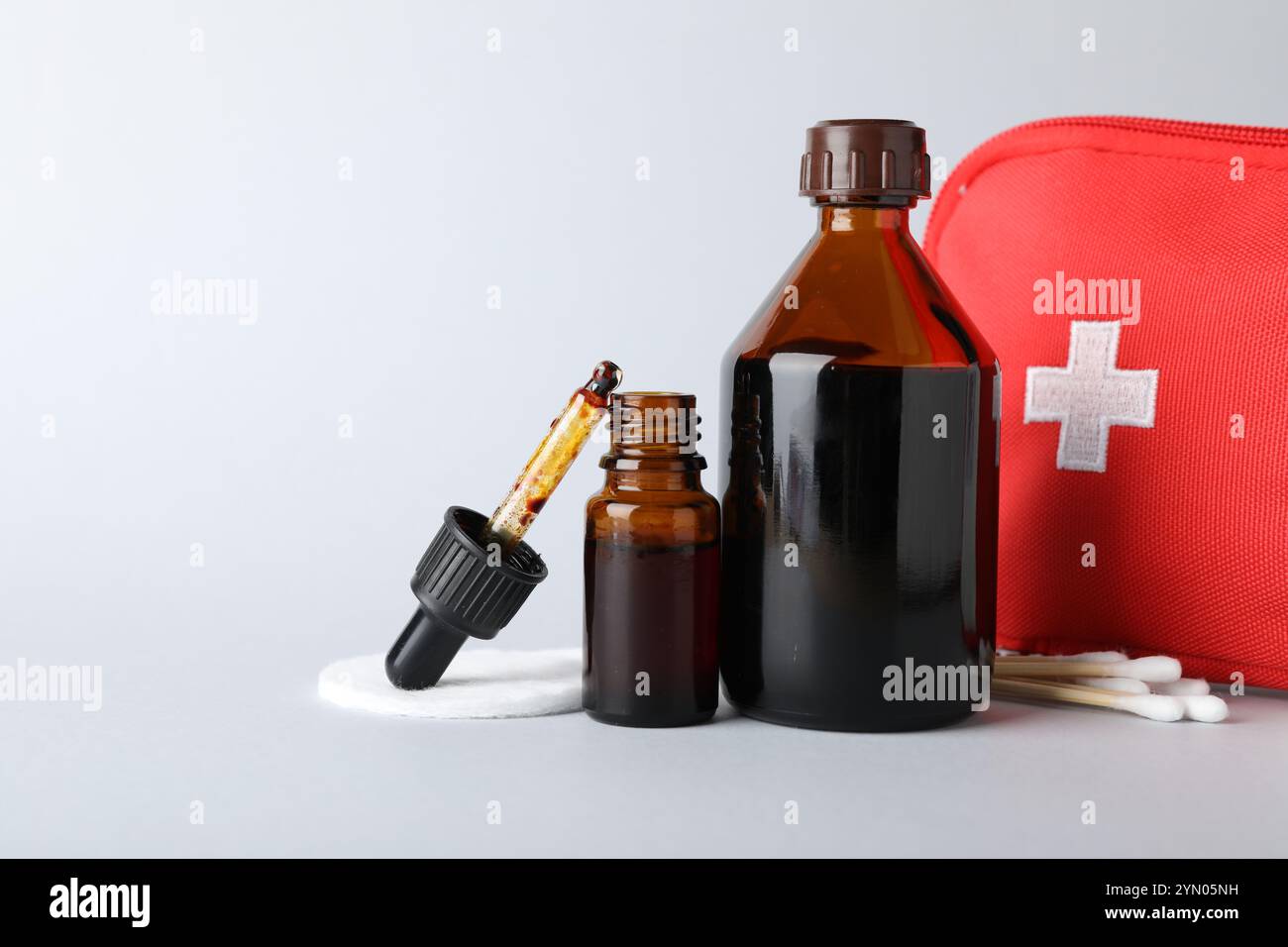 Topical iodine and other first aid kit components on light background ...