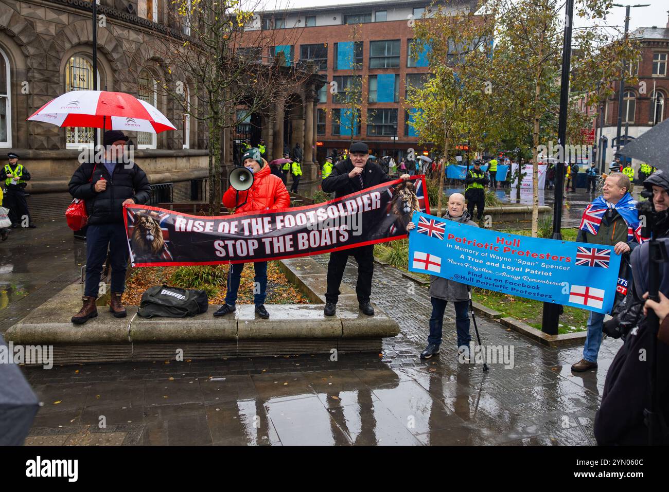 Leeds, UK. 23 NOV, 2024. Demonstrators hold "Hull Patriotic protestors ...