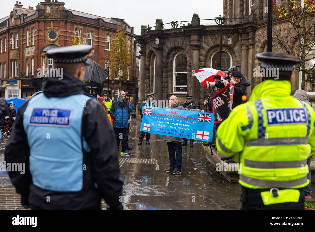 Leeds, UK. 23 NOV, 2024. Demonstrators hold "Hull Patriotic protestors ...